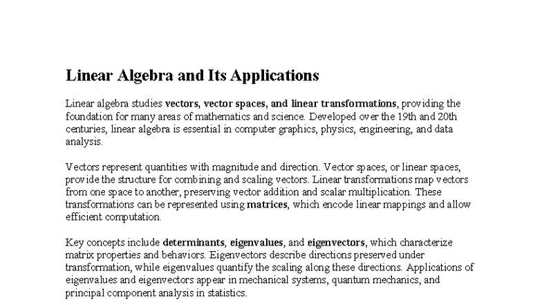 23. Linear Algebra and Its Applications: Key Concepts and Uses - Studocu