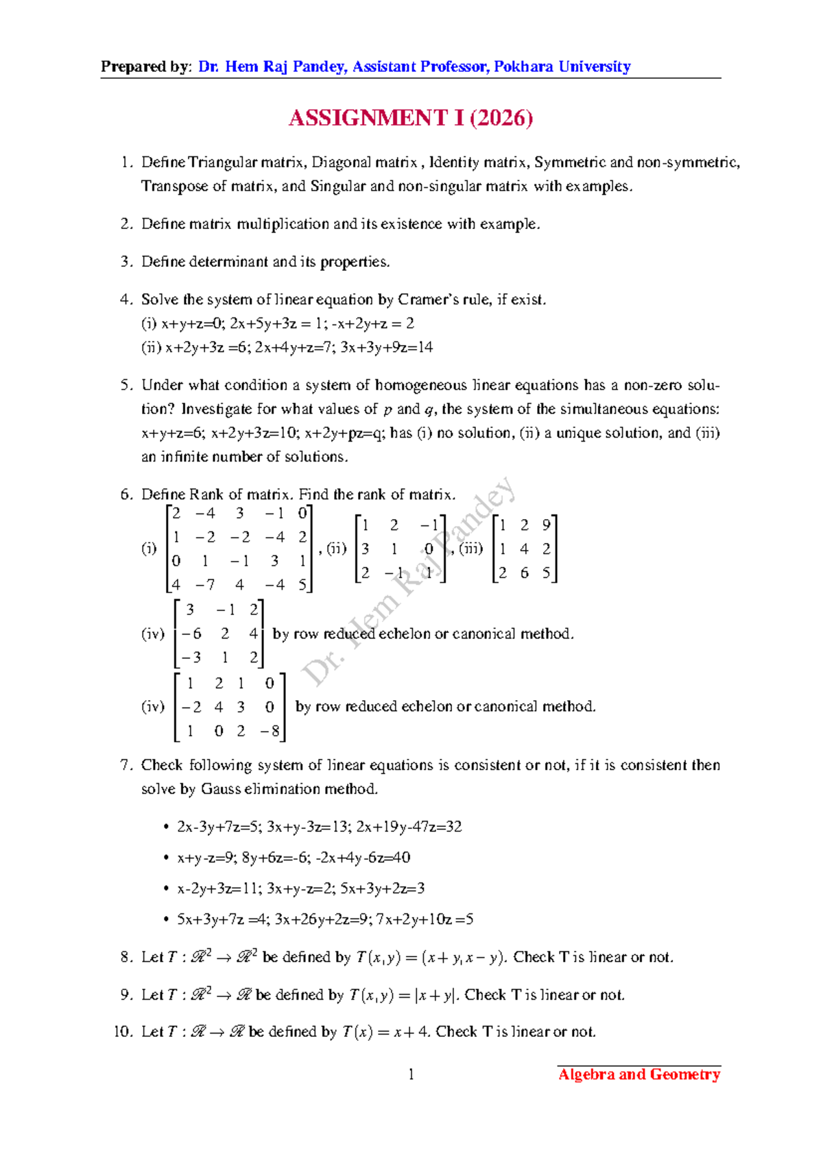 Assignment I: Matrix Theory & Linear Equations (2026) - Studocu