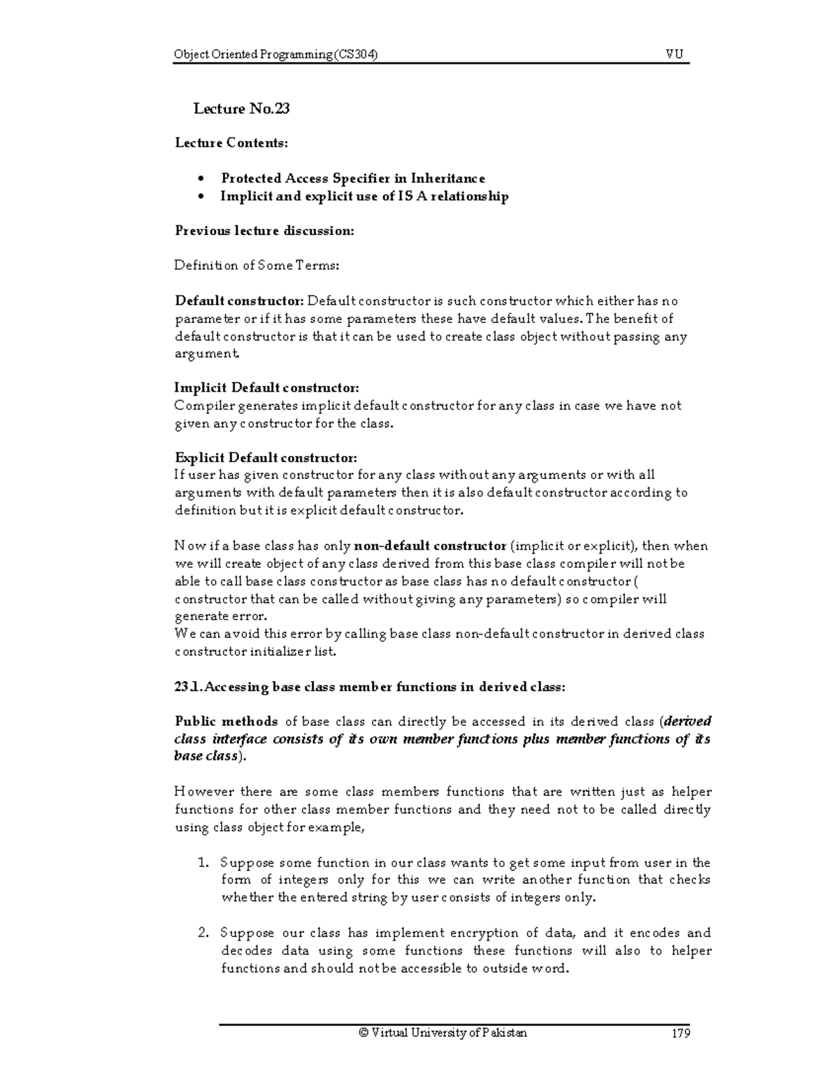 Object Oriented Programming (CS304) VU Lecture 23: Access Specifiers & - Studocu