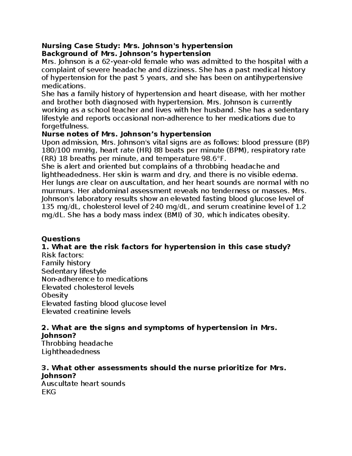 Nursing Case Study: Managing Mrs. Johnson’s Hypertension Risks and Symptoms - Studocu