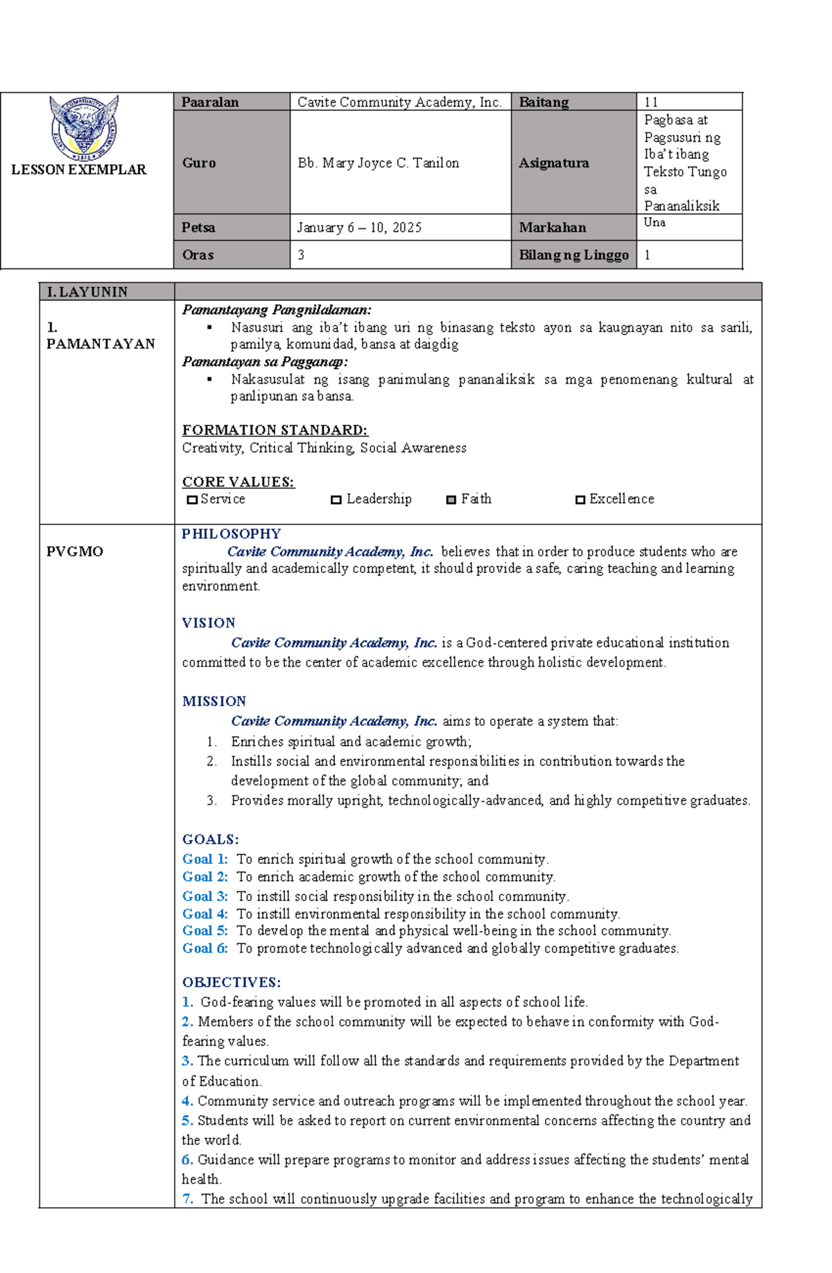 Pagbasa-LP - Lesson Exemplar - LESSON EXEMPLAR Paaralan Cavite ...