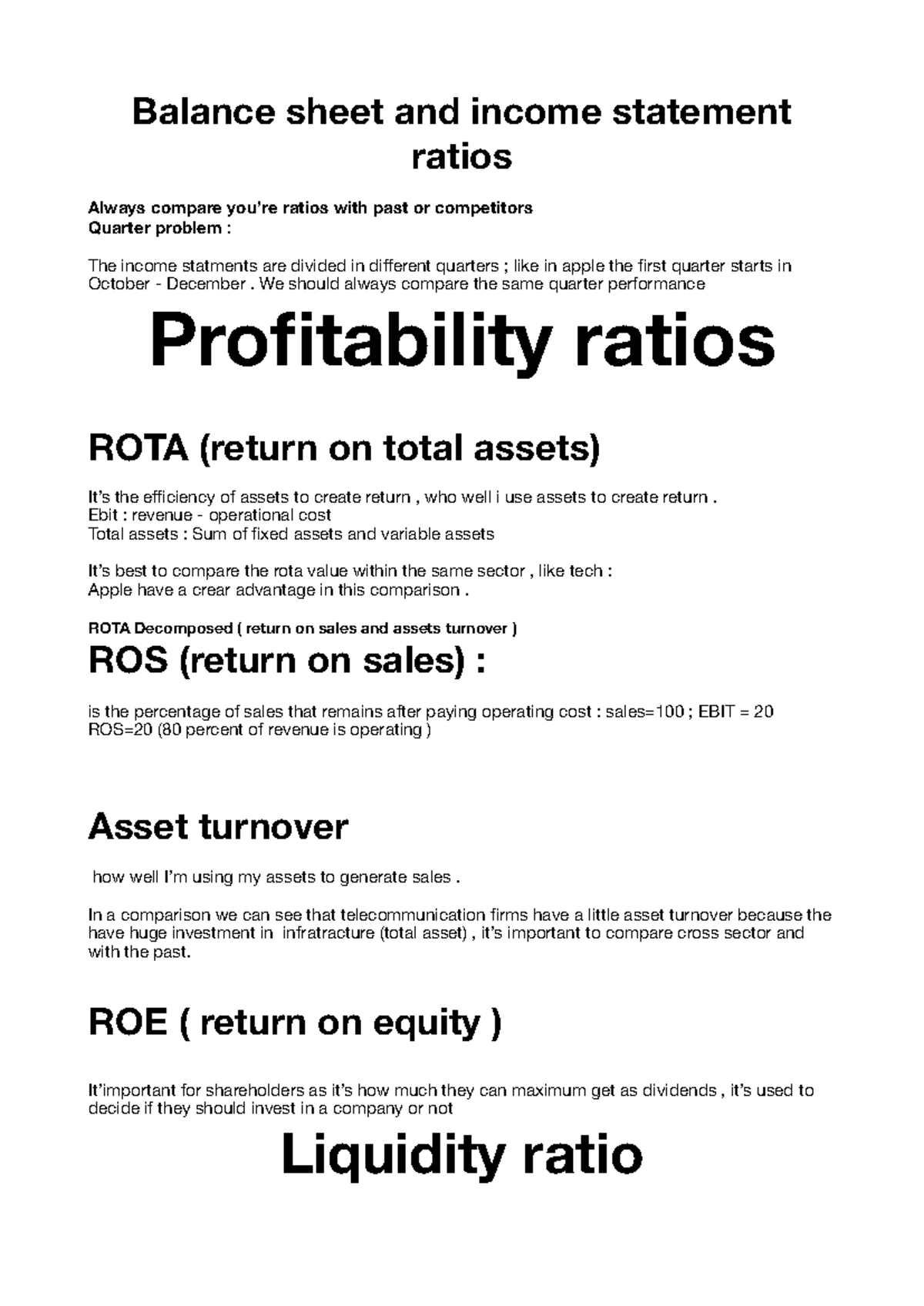 Financial Ratios Analysis: ROTA, ROE, and Liquidity Insights - Studocu