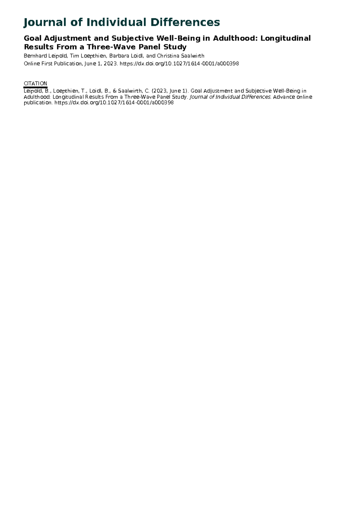 Goal Adjustment and Subjective Well-Being in Adulthood: A Longitudinal ...