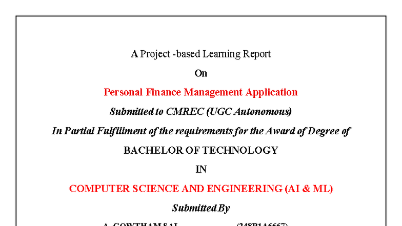 Personal Finance Management Application Project Report (B.Tech CSE AI ...