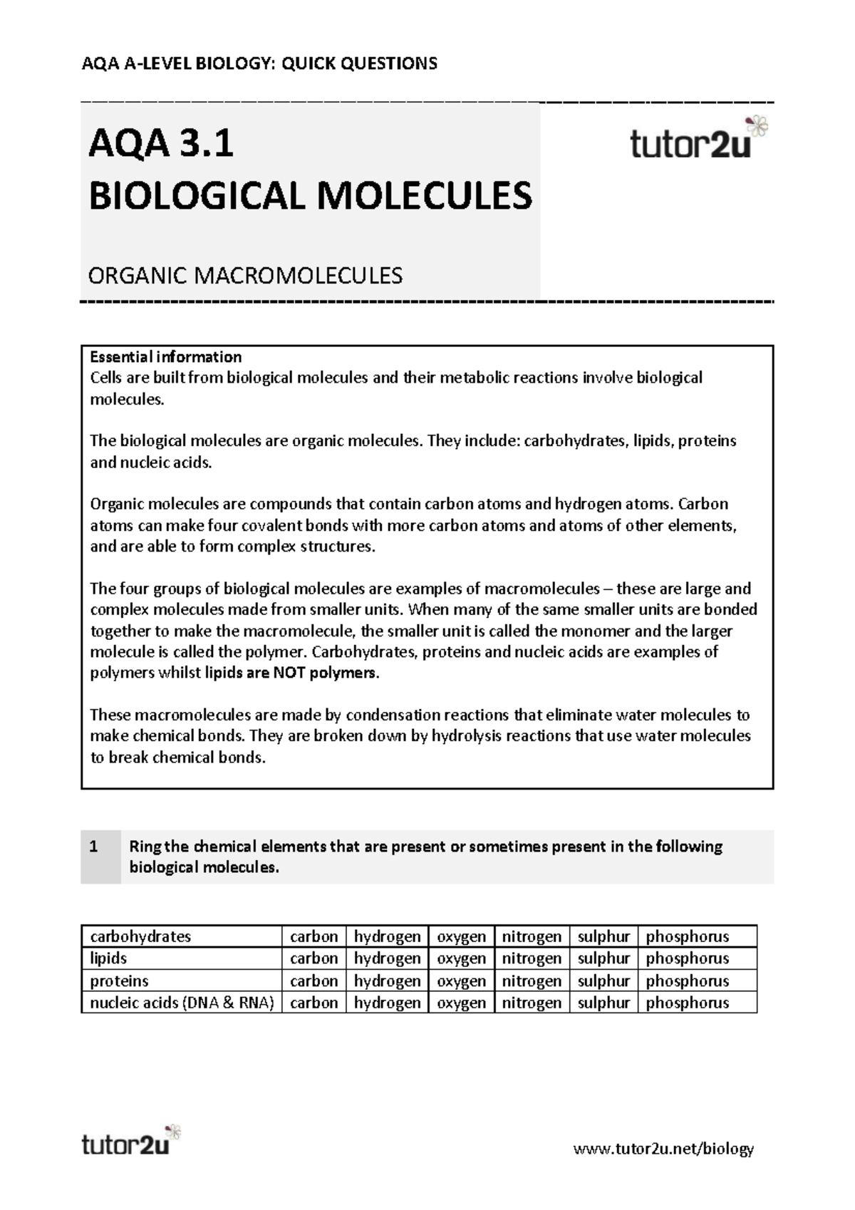 AQA A-Level Biology: Quick Questions on Biological Molecules - Studocu