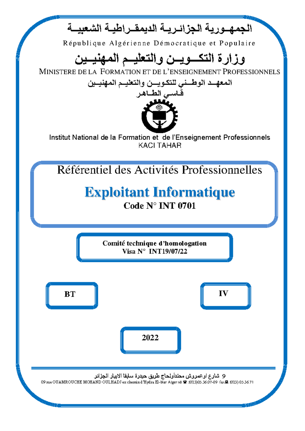 Référentiel des Activités Professionnelles - Exploitant Informatique BT ...