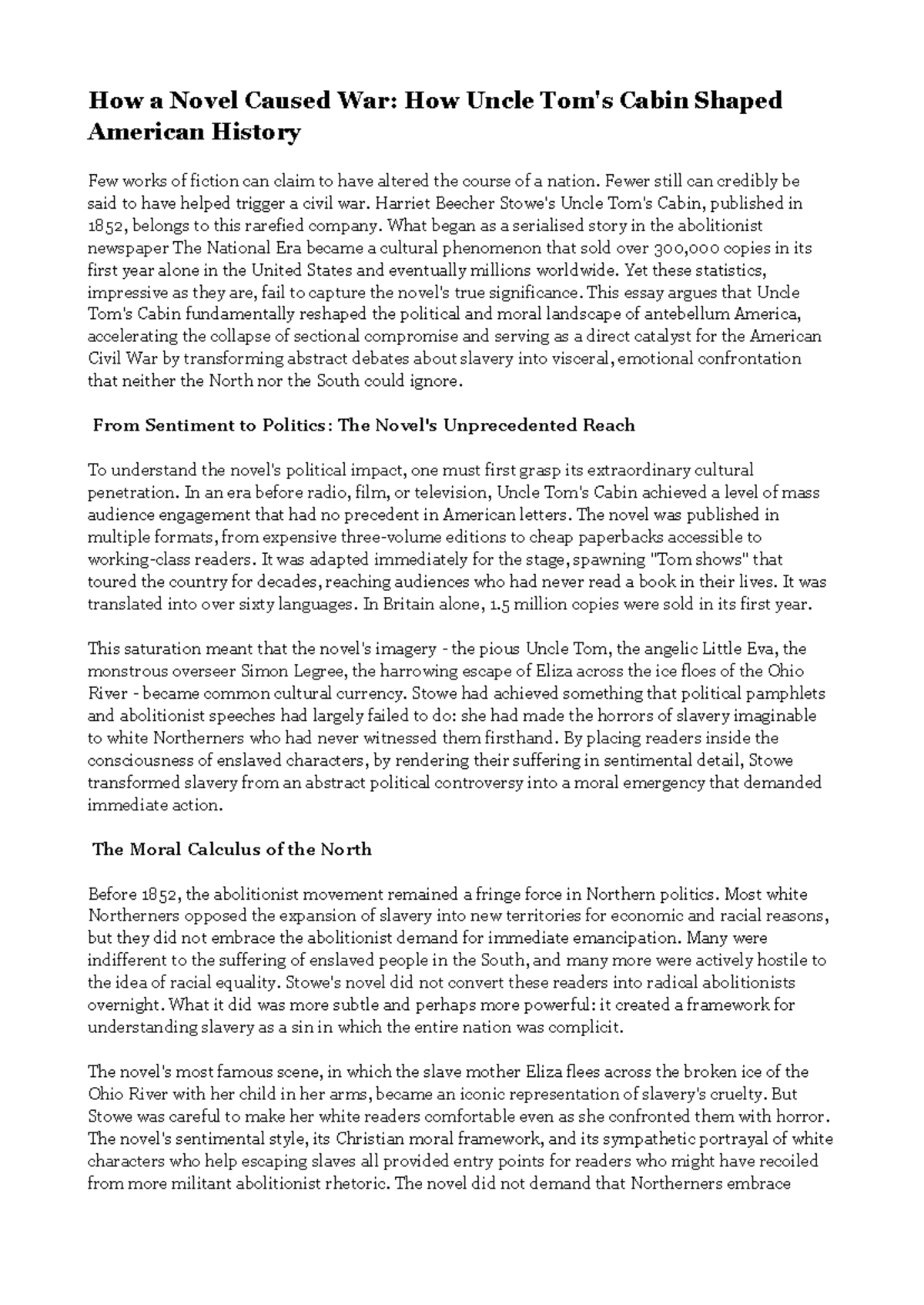 How Uncle Tom's Cabin Triggered the American Civil War: A Study - Studocu