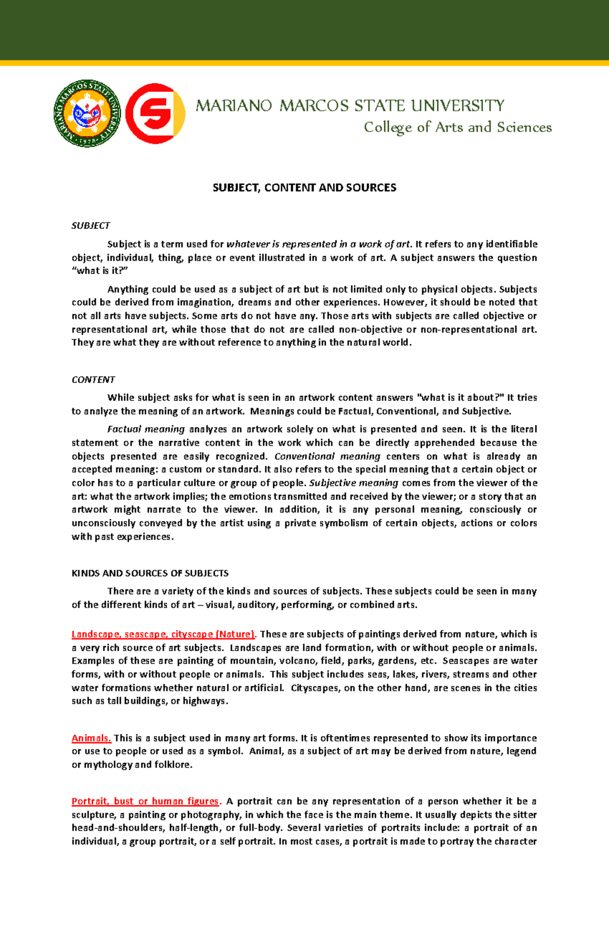 Subject, Content and Sources OF ART MVLE - SUBJECT, CONTENT AND SOURCES ...