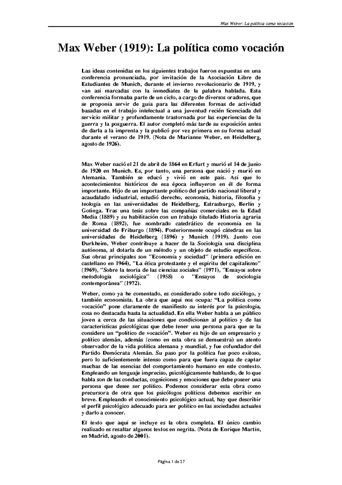 Max Weber: La Política como Vocación - Análisis y Reflexiones - Studocu