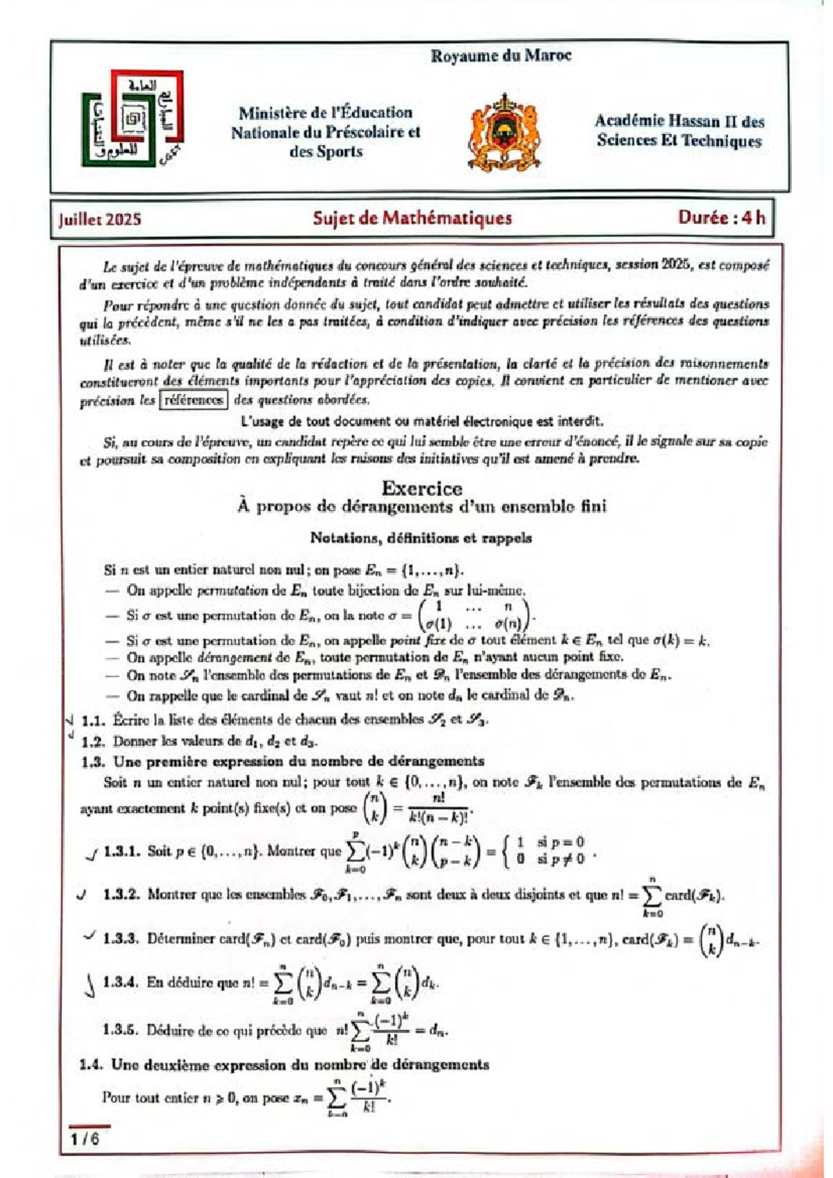 Sujet de Mathématiques - Concours Général 2025 - Maroc - 4h - Studocu