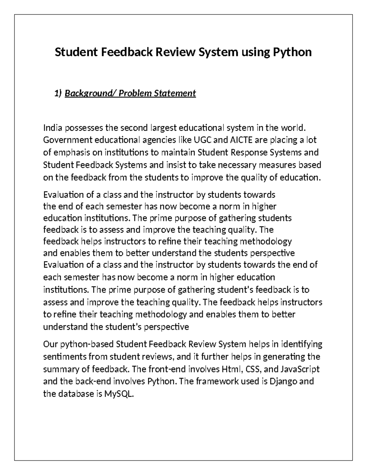 Student Feedback Review System Project PY076: System Overview and Benefits - Studocu