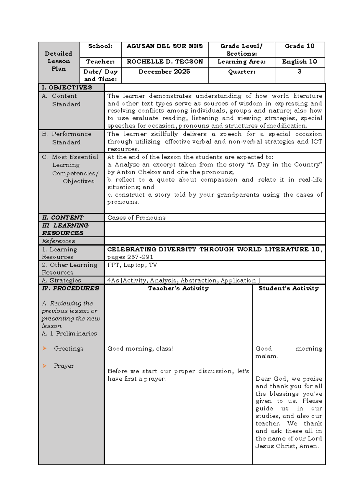 Grade 10 English 10 Lesson Plan: Understanding Cases of Pronouns - Studocu