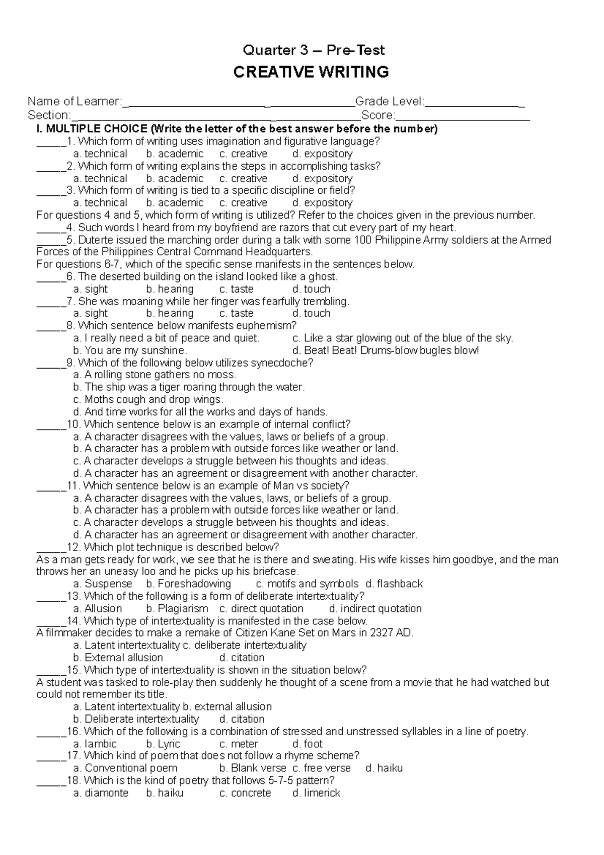 Pre-Test in Creative Writing - Quarter 3 Final Exam - Studocu