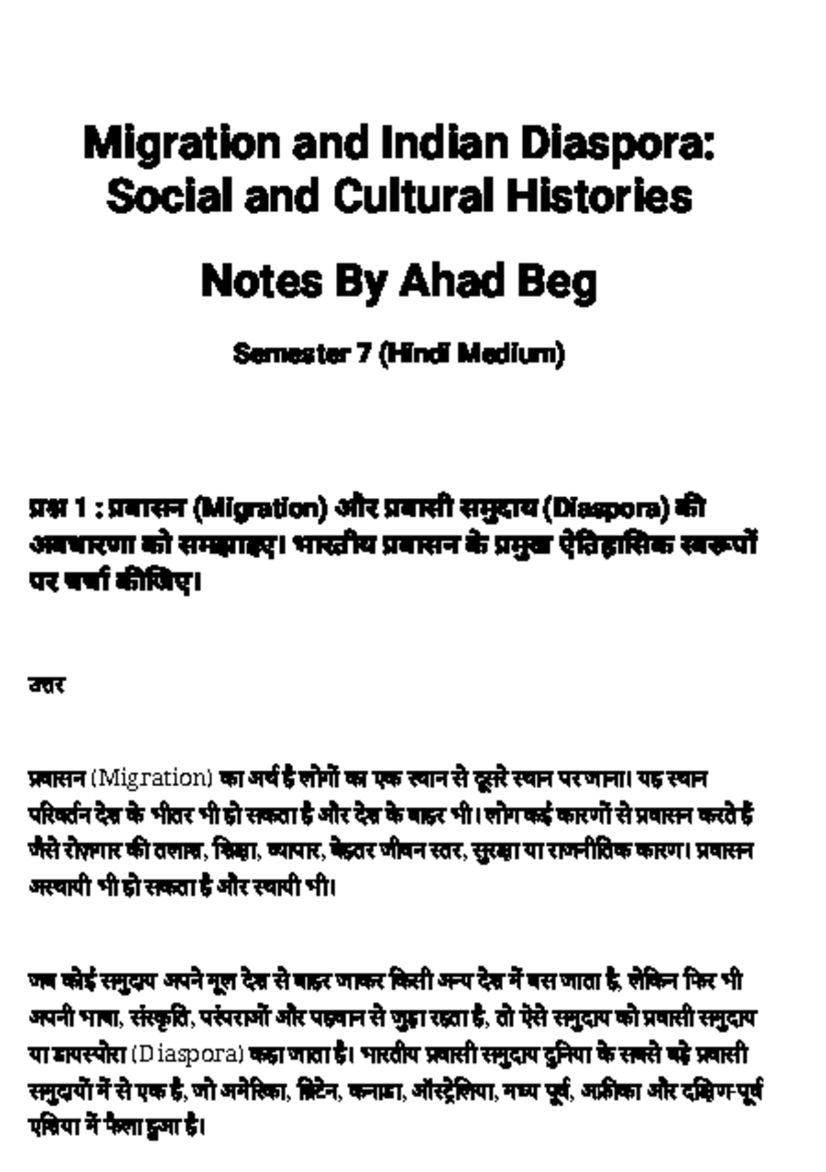 Migration and Indian Diaspora Notes - Sem 7 (Hindi Medium) - Studocu