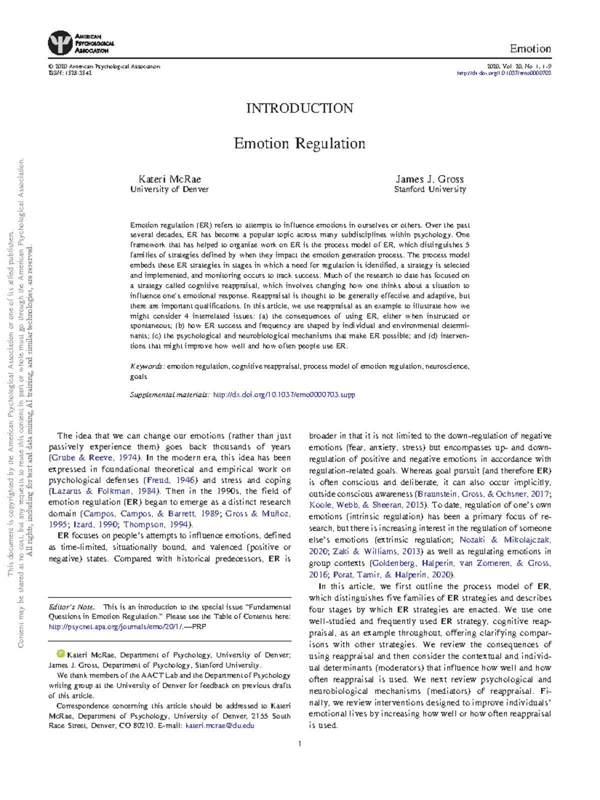 Emotion Regulation: Insights from the 2020 APA Special Issue - Studocu
