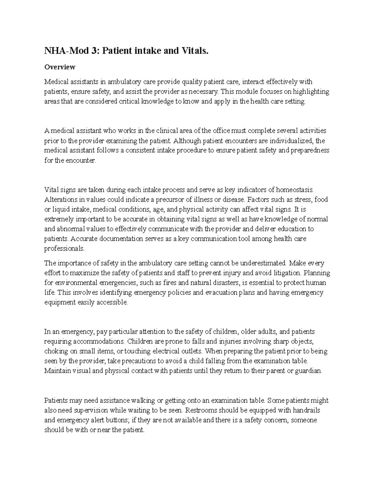 NHA-Mod 3: Patient Intake & Vital Signs Procedures Overview - Studocu