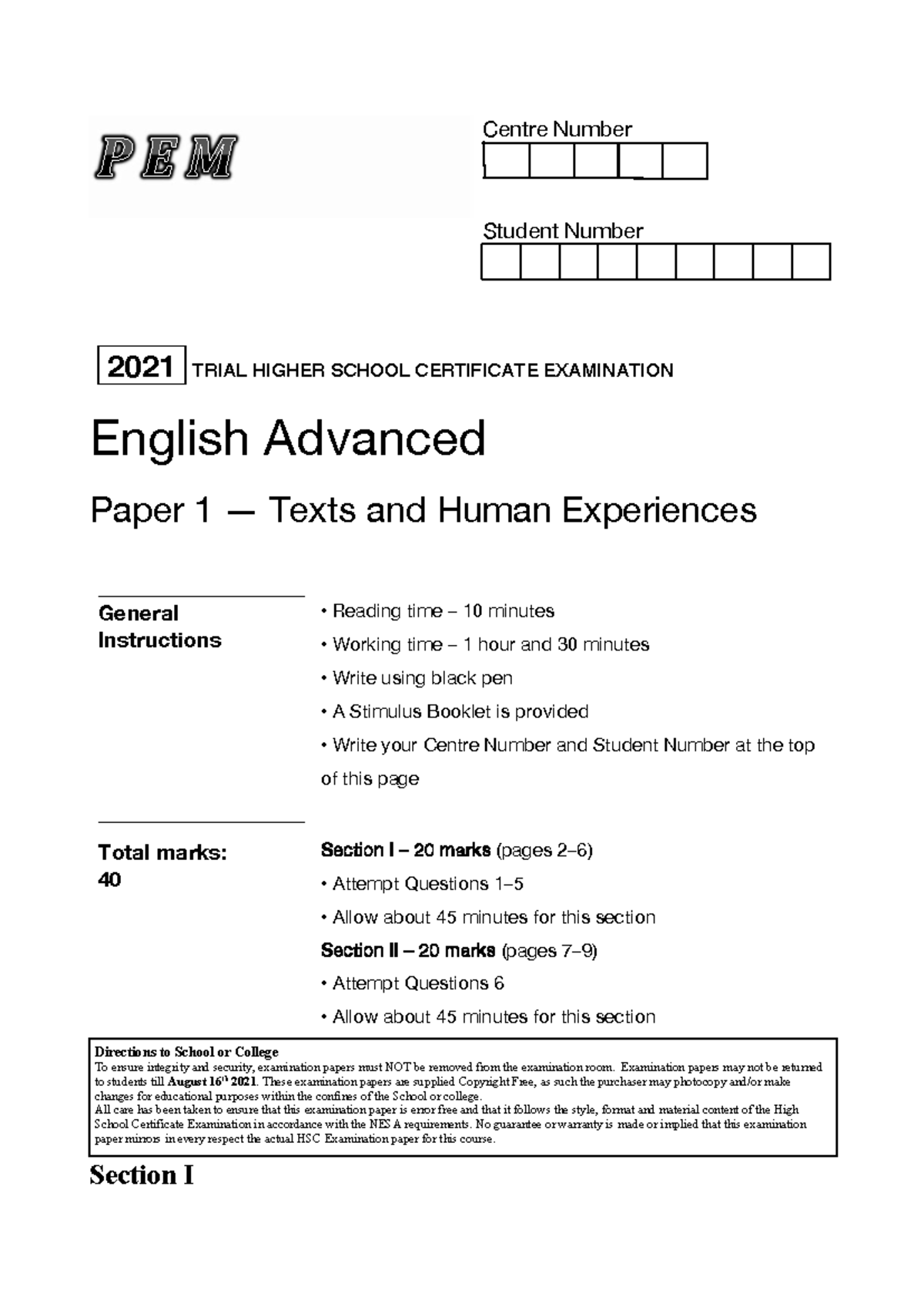 PEM 2021 HSC English Adv Trial Exam Paper 1: Texts & Human Experiences ...