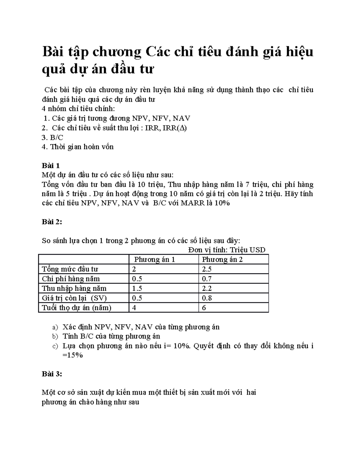 Bài Tập Đánh Giá Hiệu Quả Dự Án Đầu Tư - Môn Học [123doc] - Studocu