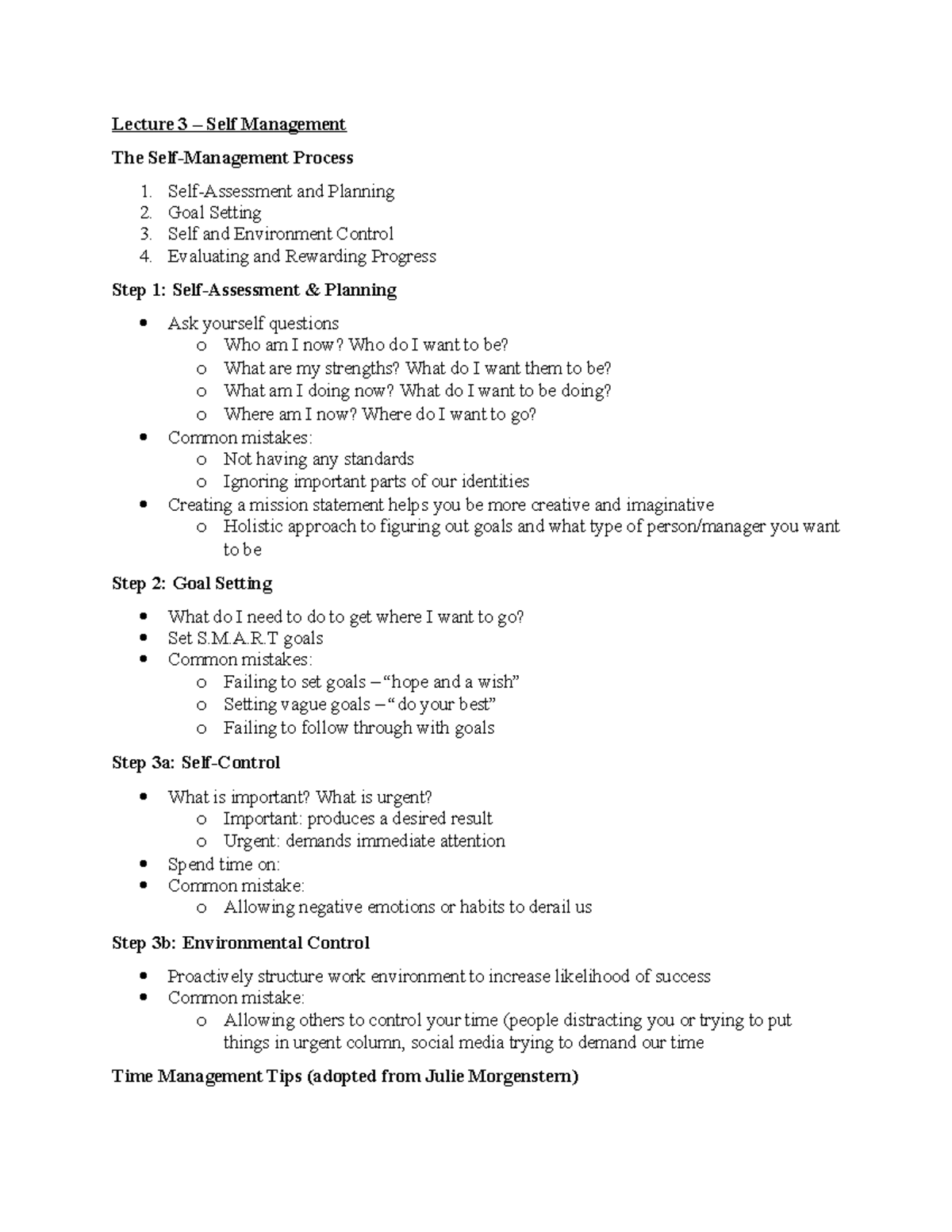 Self Management Notes - Lecture 3 – Self Management The Self-Management ...