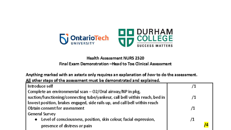 NURS 2320 Final Exam Head-to-Toe Clinical Assessment Guide - Studocu