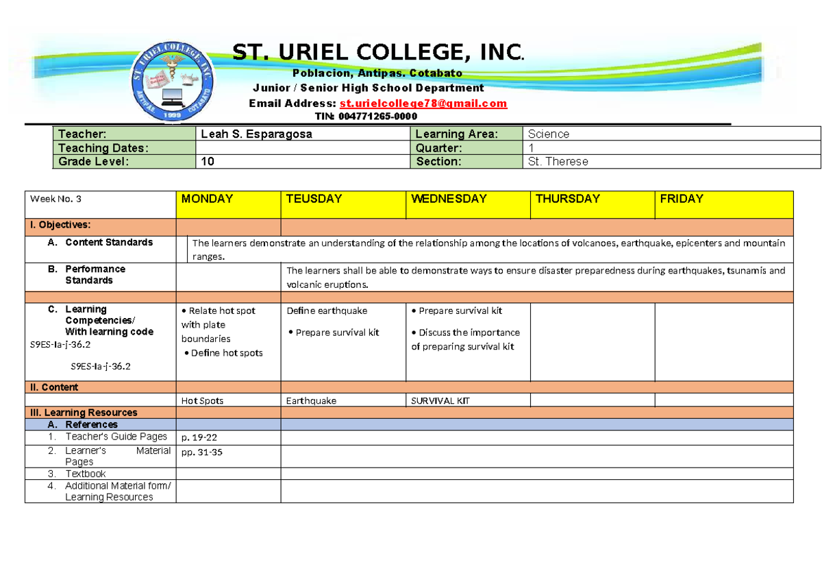 Grade 10 Science Lesson Plan: Week 3 (Q1) - Disaster Preparedness - Studocu