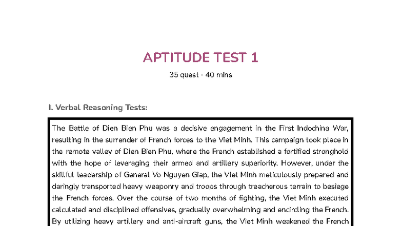 APTITUDE TEST 1: Verbal & Numerical Reasoning Insights - Studocu