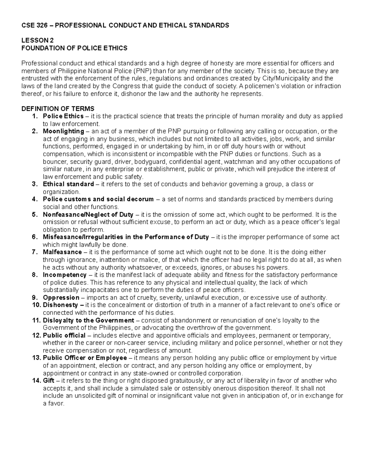 Lesson 2 - PCES - CSE 326 – PROFESSIONAL CONDUCT AND ETHICAL STANDARDS ...