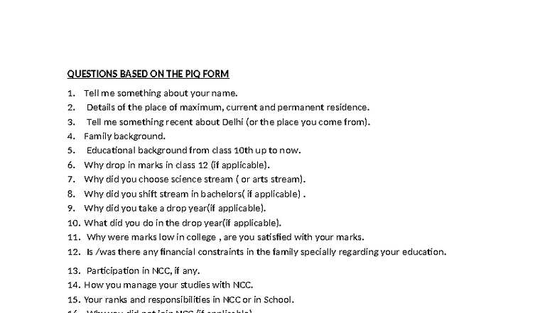 SSB Interview Questions for PIQ Form Preparation - Studocu