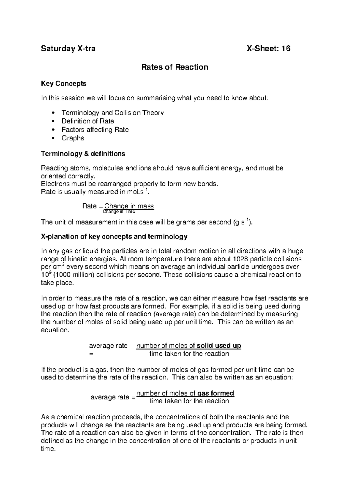Rates of Reaction - Grade 12 PHYSICAL SCIENCES NOTES - Saturday X-tra X ...