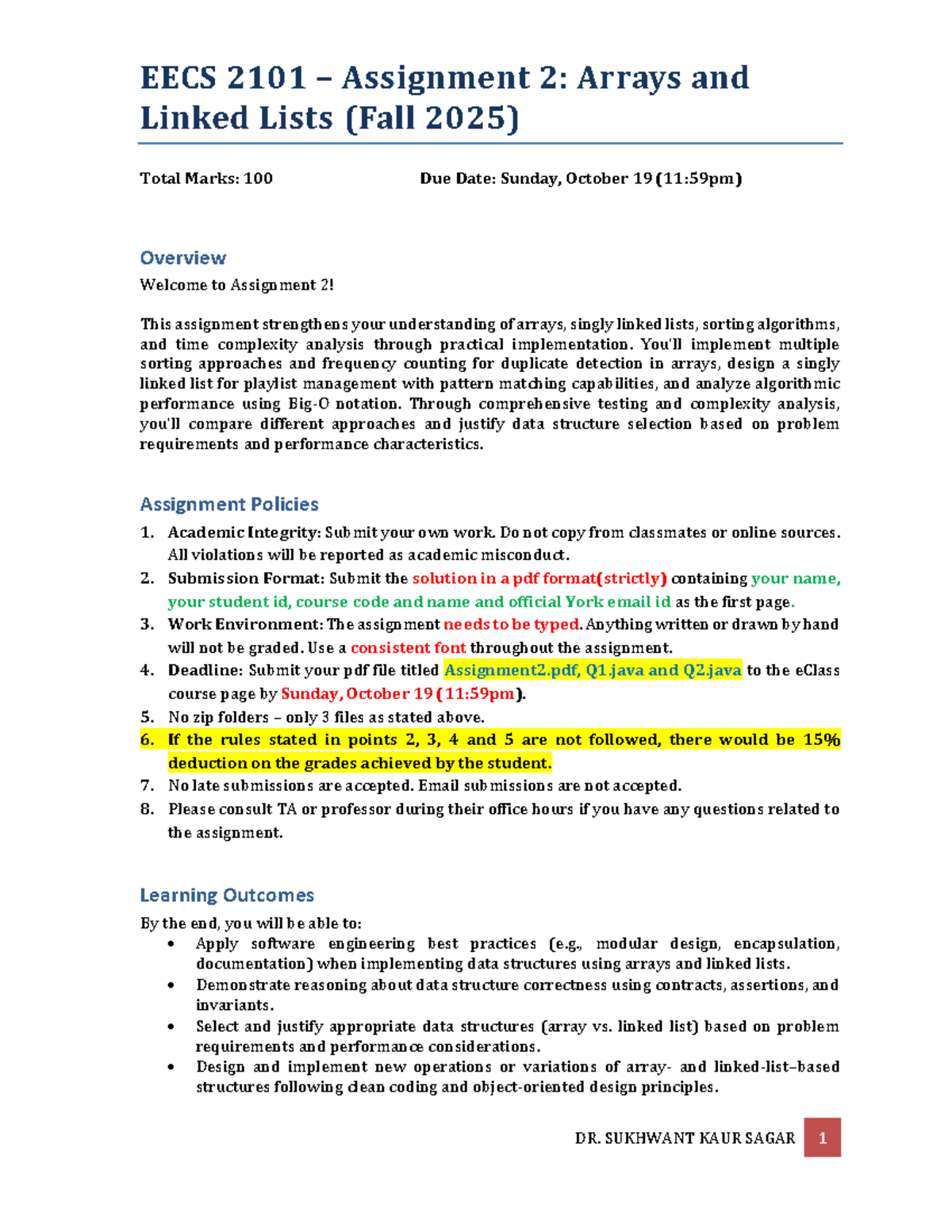 EECS 2101 Assignment 2: Arrays & Linked Lists Overview (Fall 2025) - Studocu