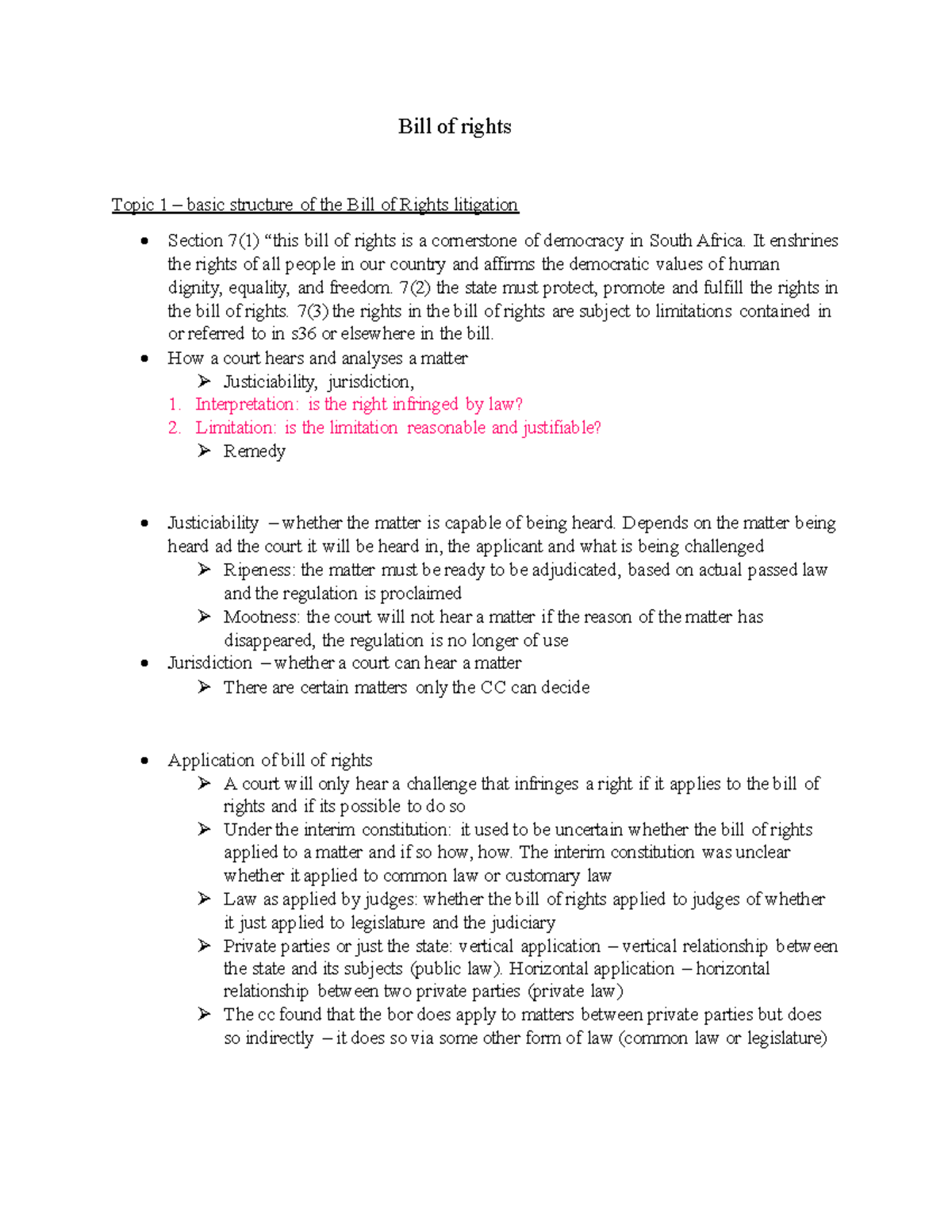 BILL OF RIGHTS Overview: Key Principles and Case Law Analysis - Studocu