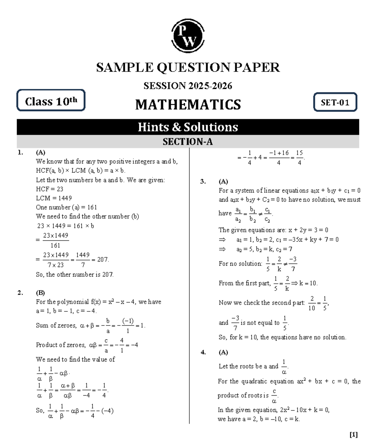 Class 10th Mathematics Sample Question Paper with Hints & Solutions - Studocu