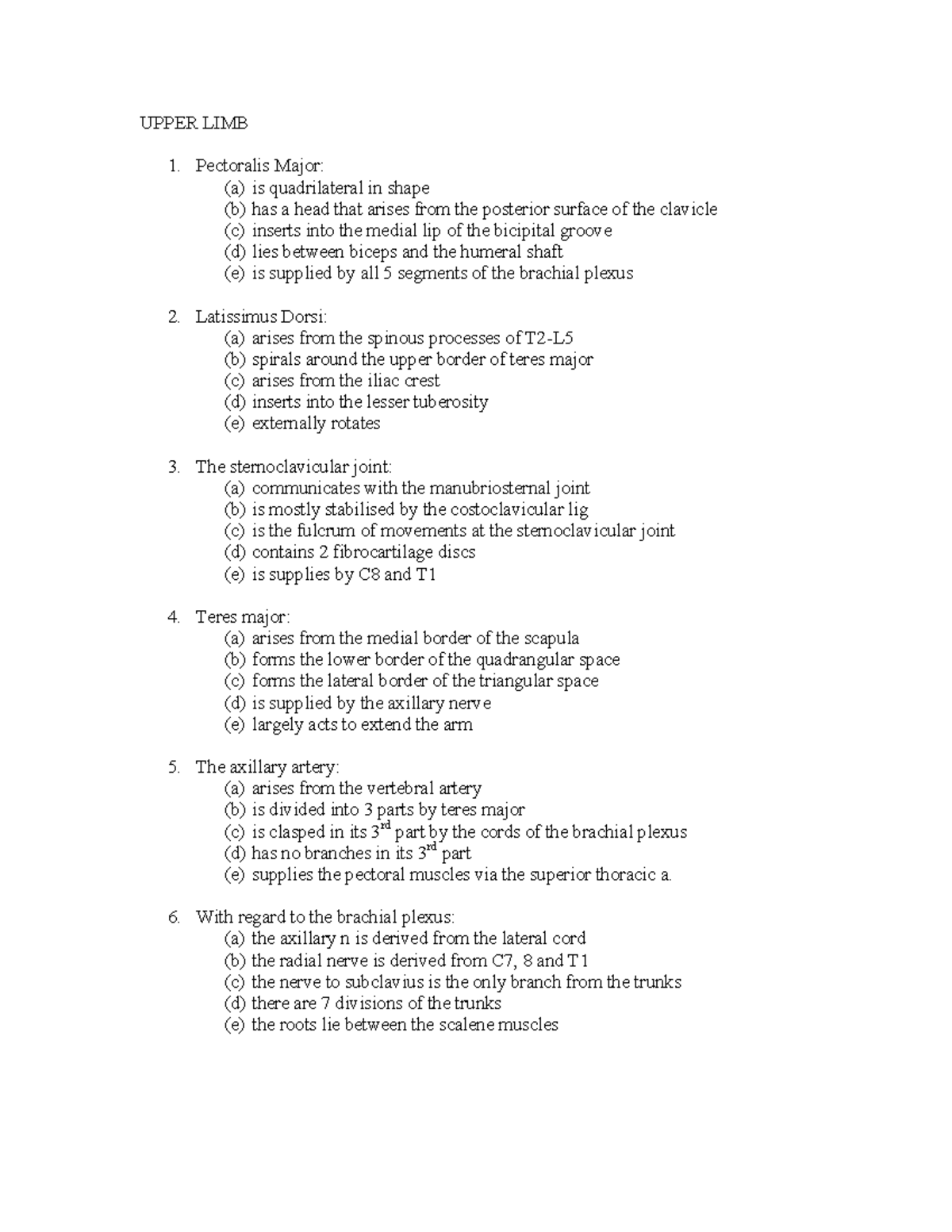 Anatomy MCQ - Upper Limb (ANAT 101) Study Guide - Studocu