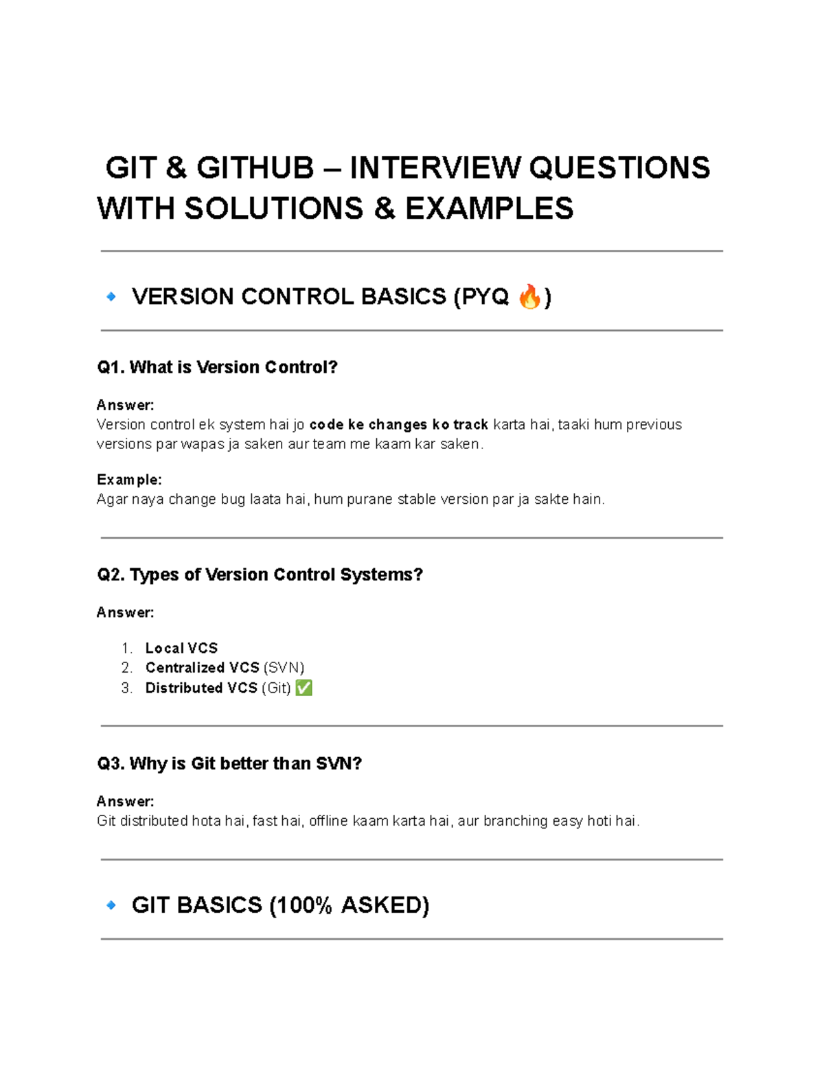 GIT & GitHub Interview Questions & Solutions (PYQ) - Version Control Basics - Studocu
