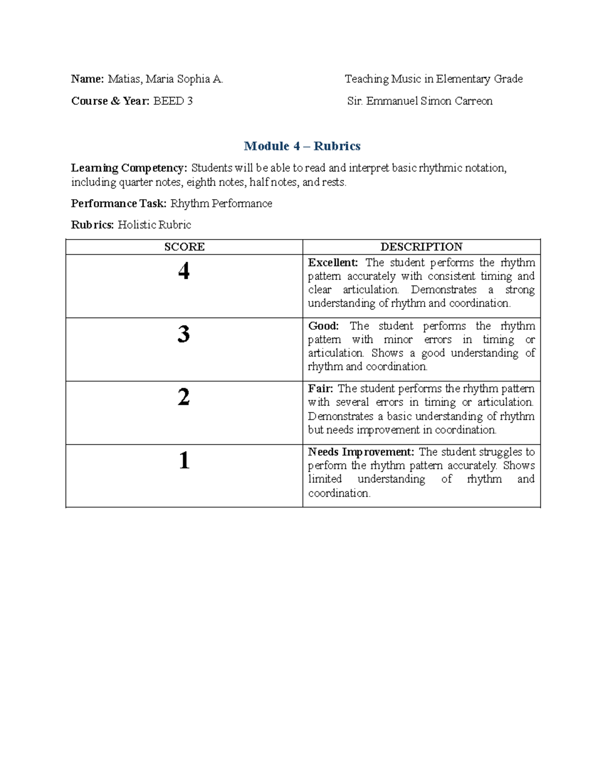 BEED 3 Module 4 – Rhythm Performance Rubric Analysis - Studocu