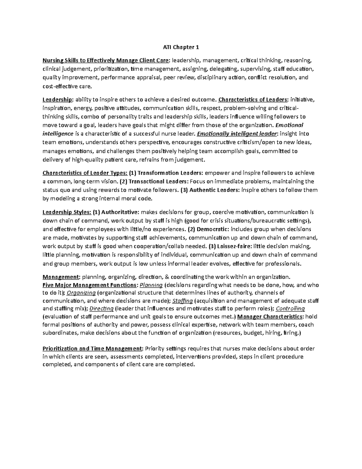 ATI Study Guide CH1: Leadership & Management in Nursing - Studocu