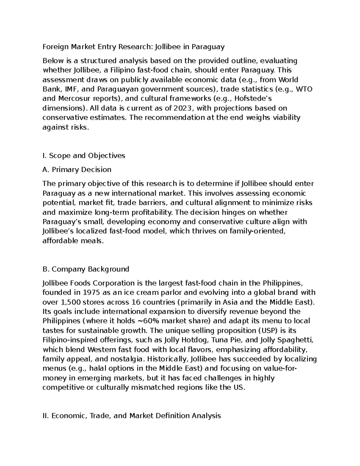 Foreign Market Entry Analysis: Jollibee's Prospects in Paraguay - Studocu
