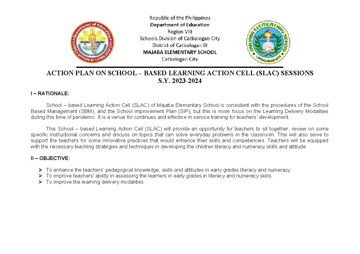 SLAC-PLAN: Action Plan for School-Based Learning Sessions 2023-2024 - Studocu
