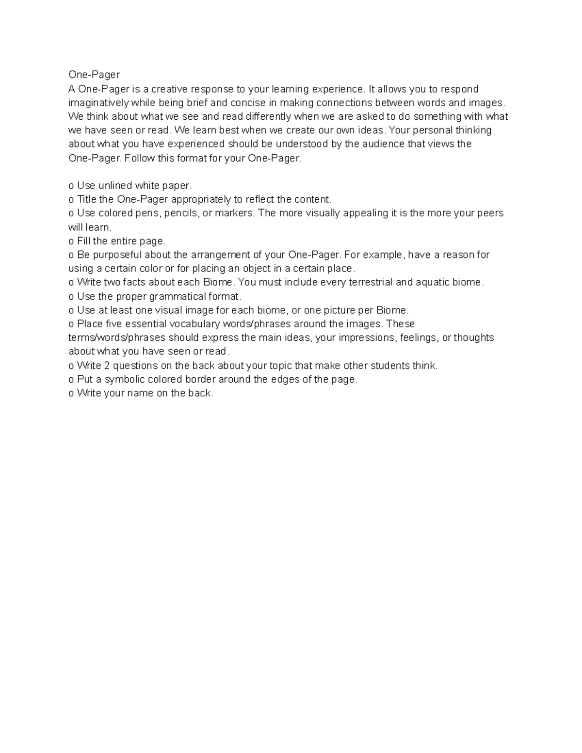 Biomes one pager - One-Pager A One-Pager is a creative response to your ...