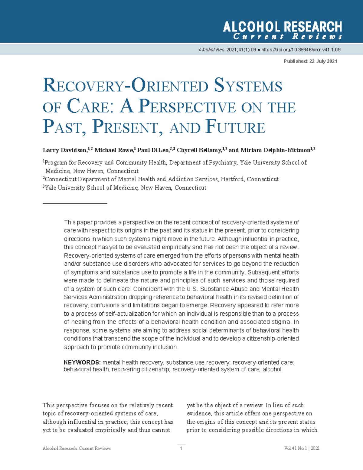 Recovery Oriented Systems of Care: A Comprehensive Perspective on the ...