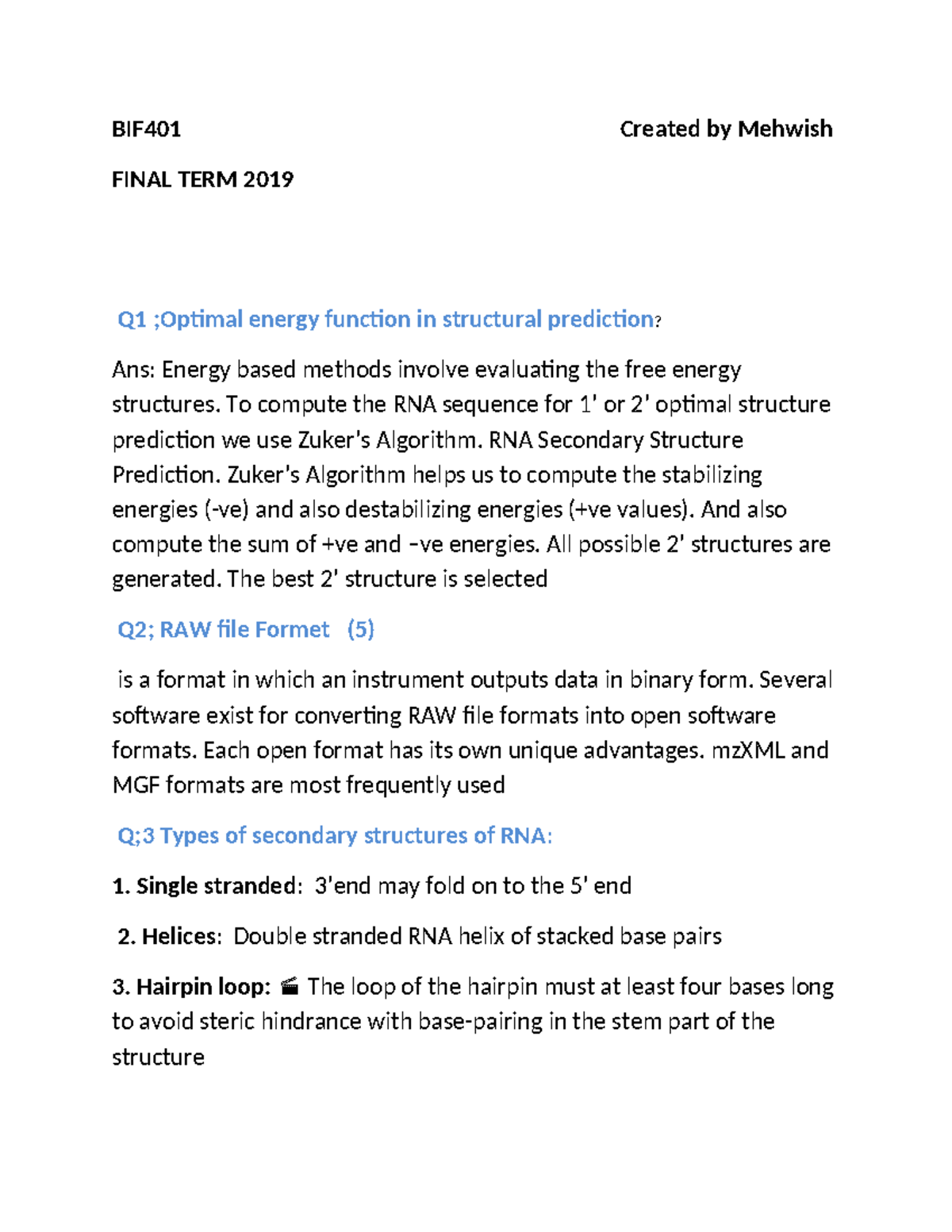 BIF401 Final Term 2019: Energy Functions in RNA Structure Prediction ...