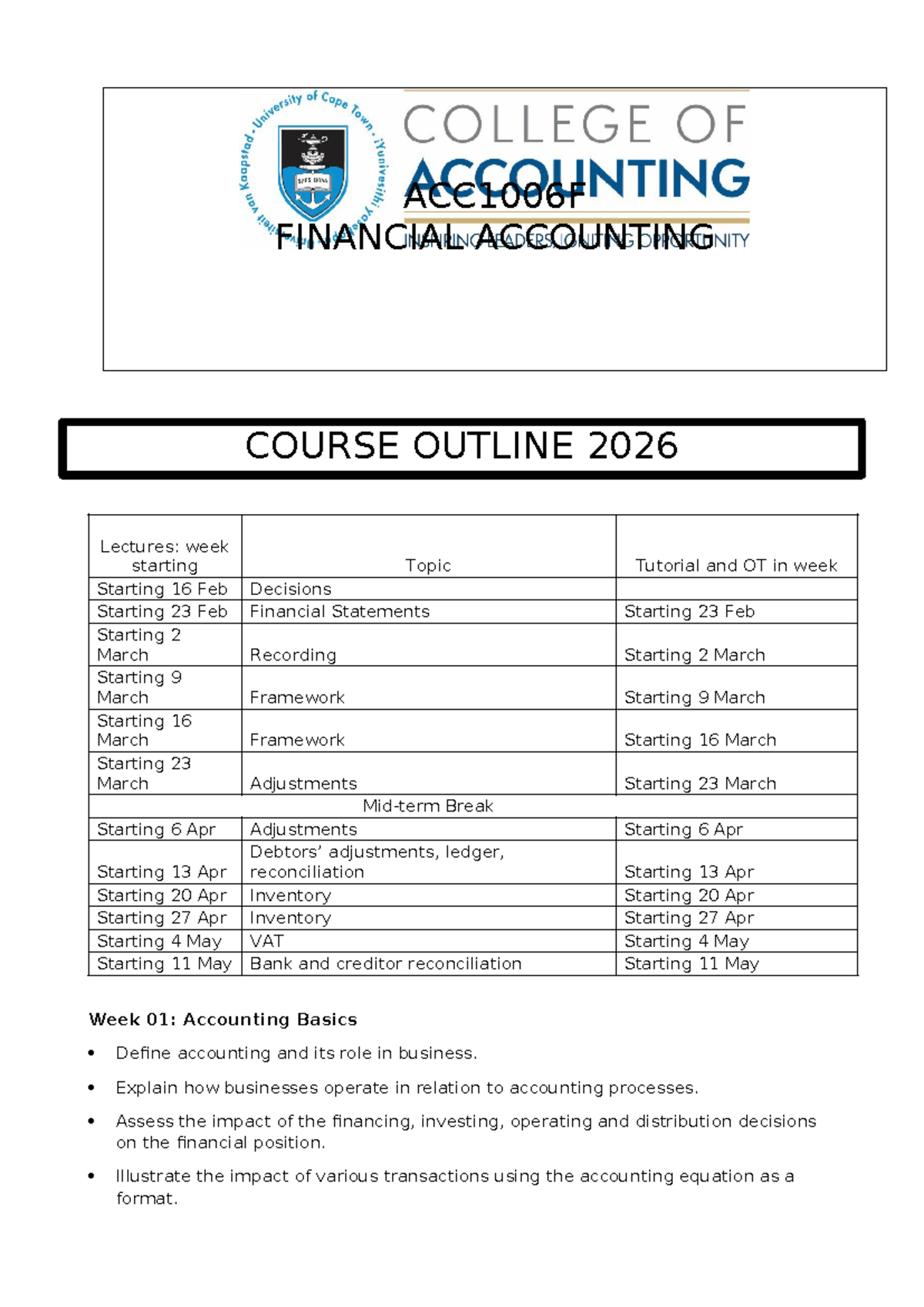 ACC1006F Financial Accounting Course Schedule 2024: Lecture Topics ...
