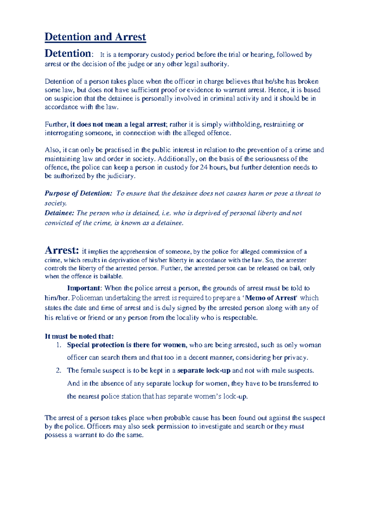 Detention and Arrest - Detention and Arrest Detention : It is a ...