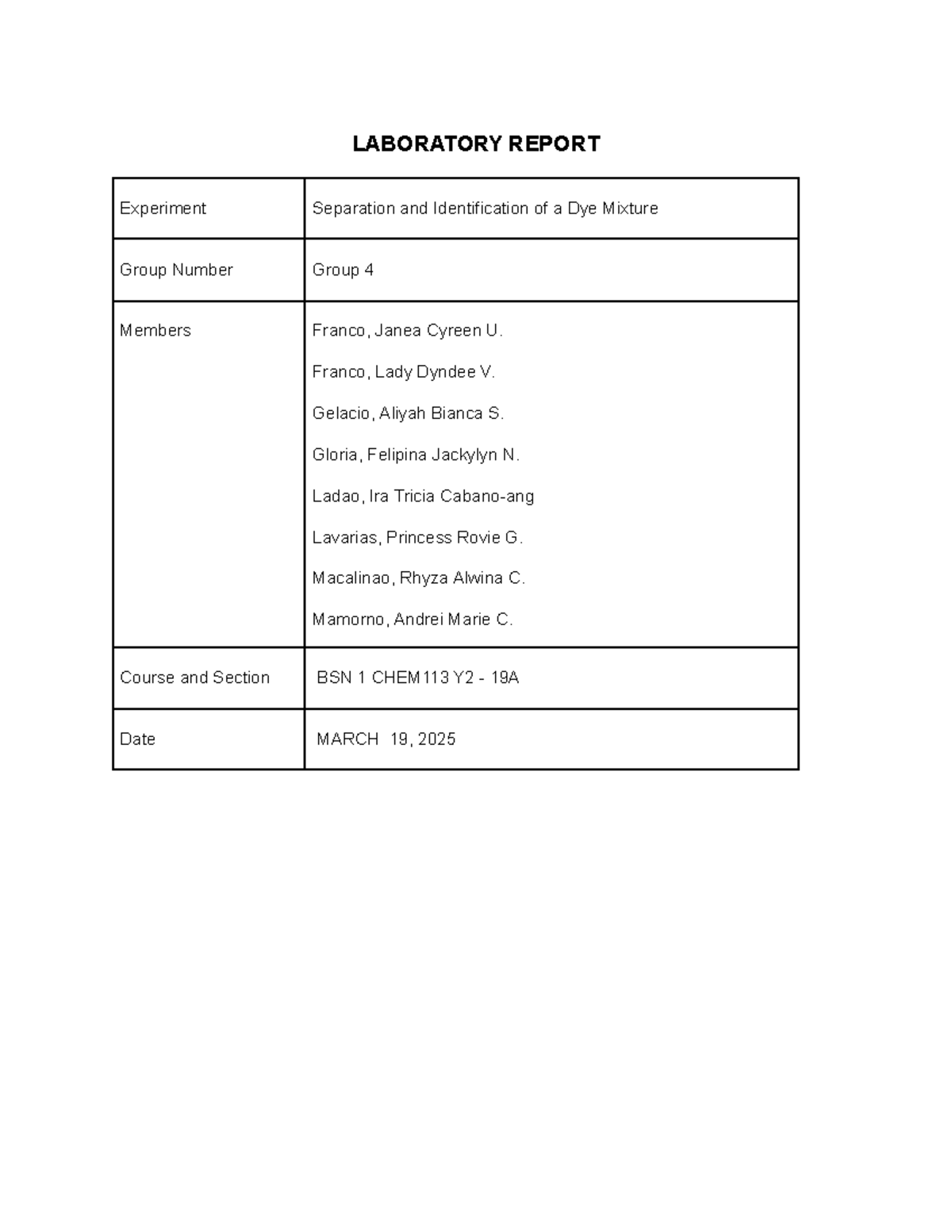 Group 4 LAB Report: Chromatography of Dye Mixture in BSN 1 CHEM113 ...
