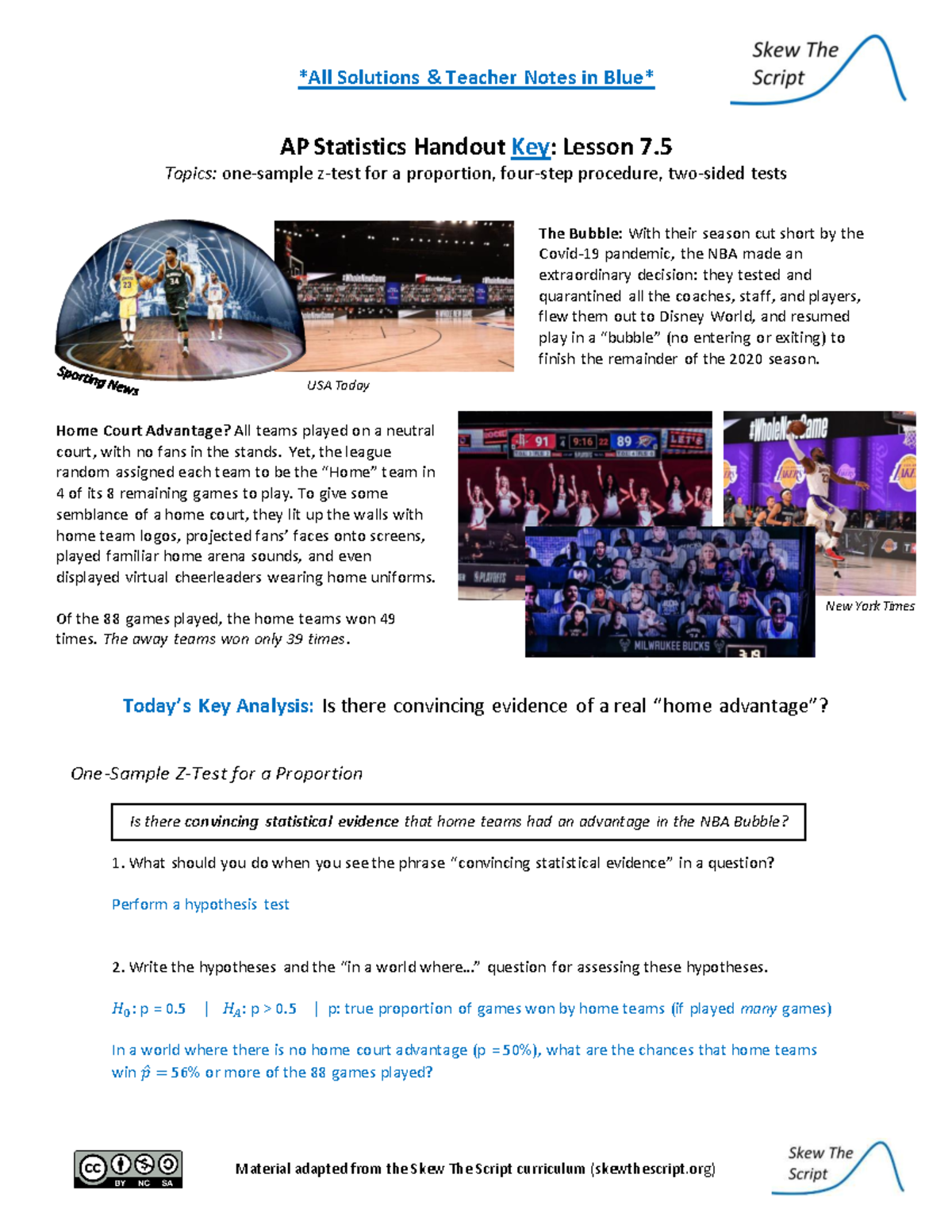 AP Statistics 7.5 Teacher Notes: Analyzing Home Court Advantage - Studocu