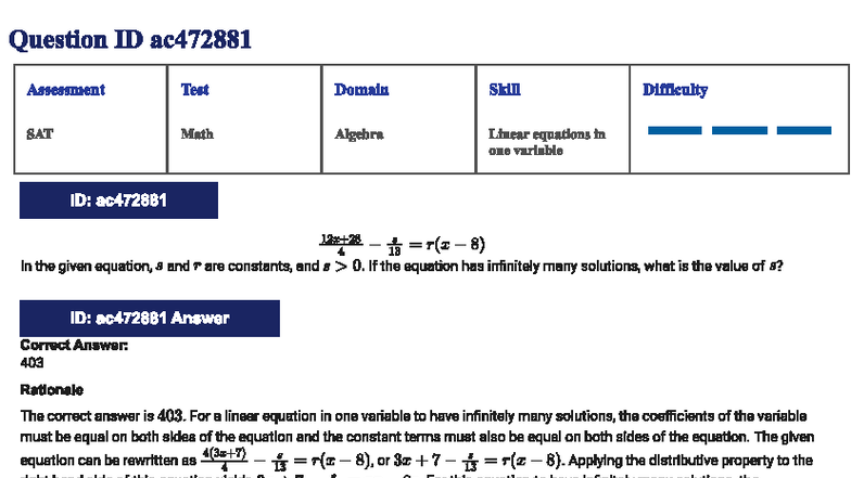 SAT Math Assessment Test: Linear Equations and Functions - Studocu