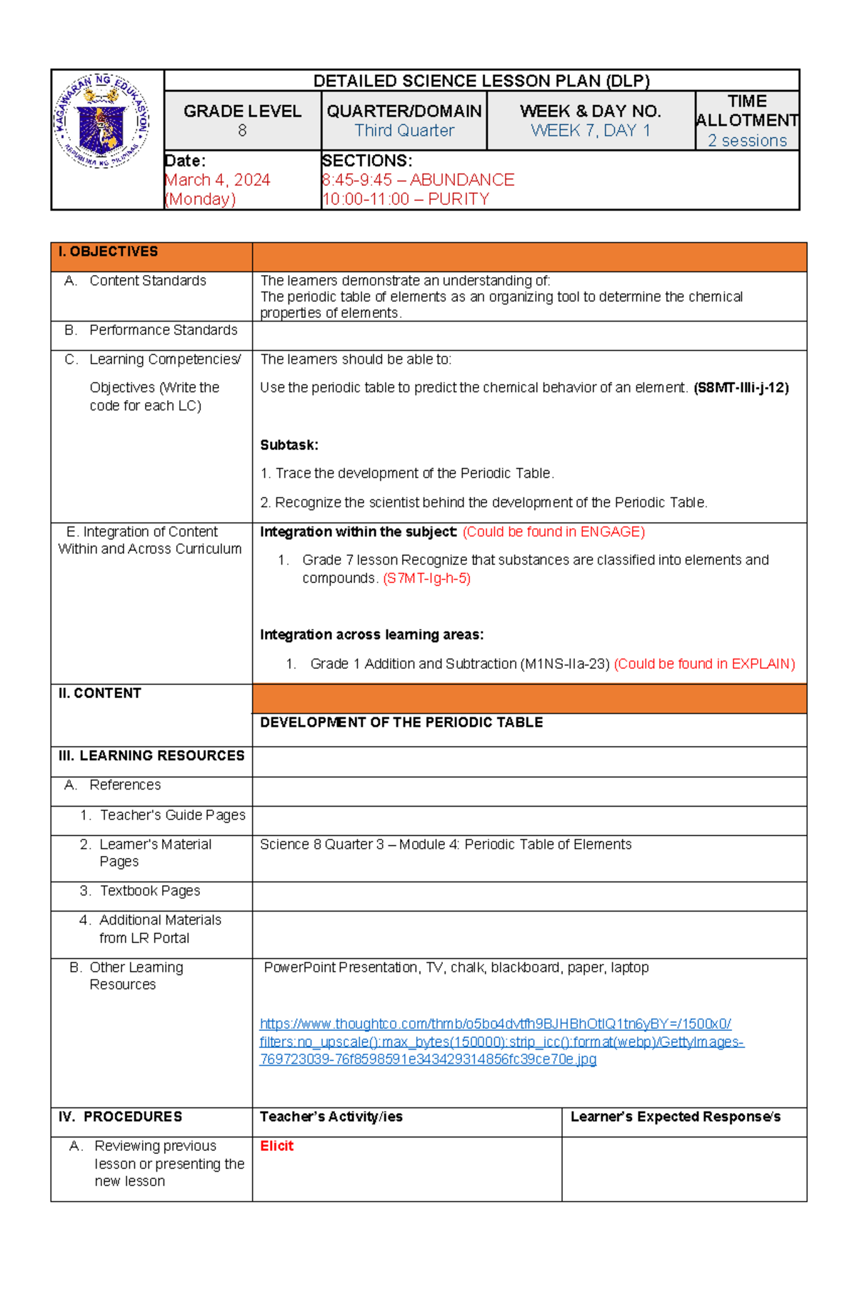 Periodic Table Development - Lesson Plan for Science 8 - Studocu