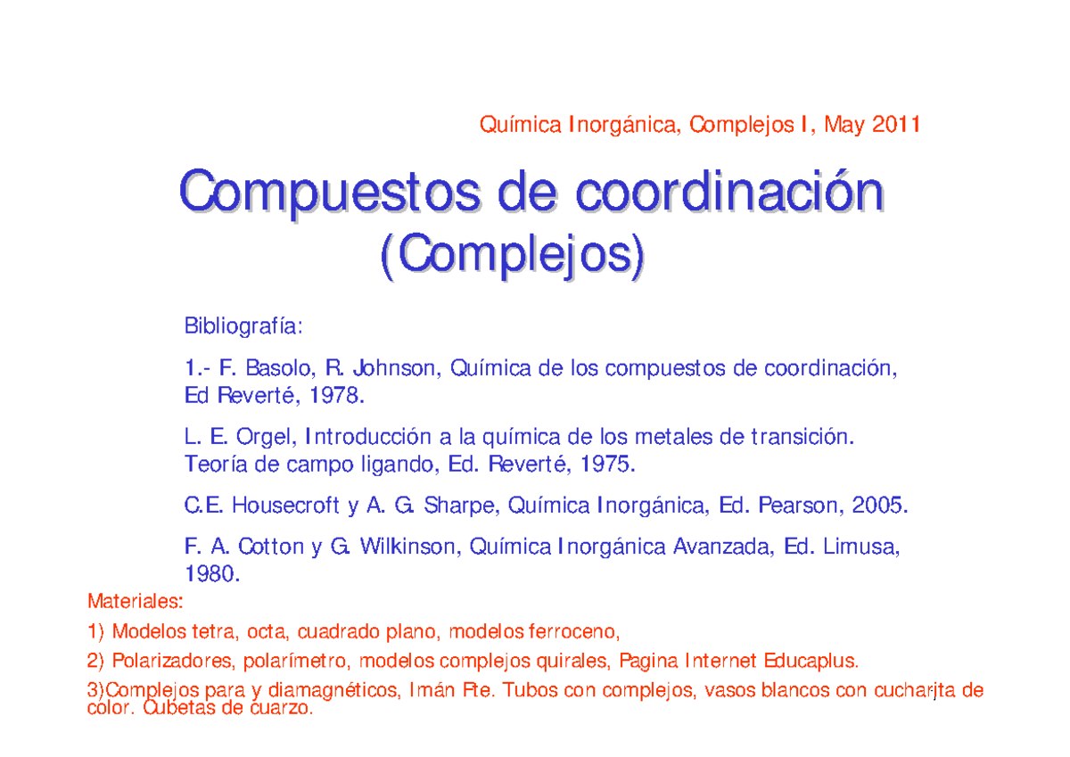 Complejos I - Química Inorgánica y Equilibrio Químico - Studocu