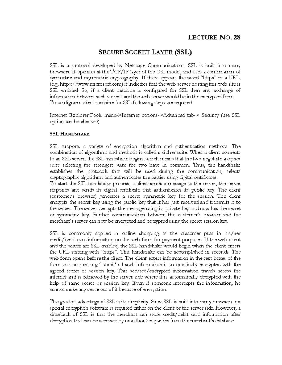 LECTURE NO. 28: SECURE SOCKET LAYER (SSL) & SECURE ELECTRONIC TRANSACTION (SET) - Studocu