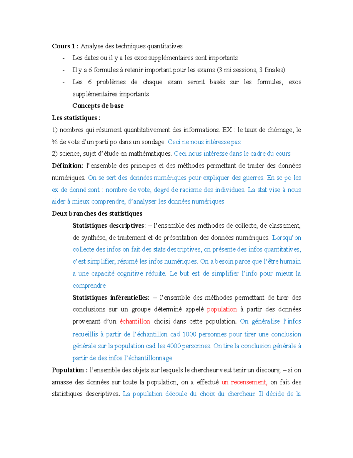 Analyse Quantitative : Cours 1, Concepts et Outils Statistiques - Studocu